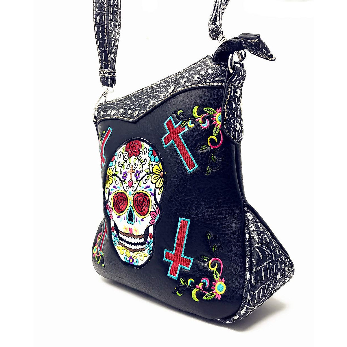Western Sugar Skull Embroidery Rhinestone Cross Conceal Carry Crossbody Bag Set (Black)
