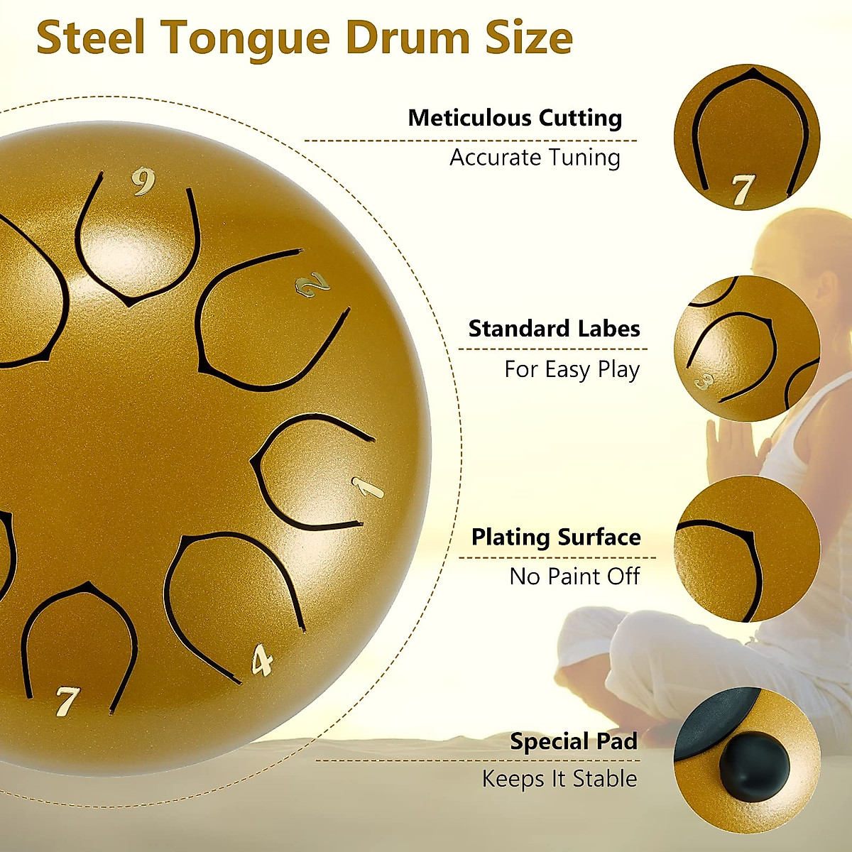 Steel Tongue Drum, DDSKY 6 Inch 8 Notes Lotus Type Handpan Drum Percussion Instrument Steel Drums Instruments with Bag Mallets Mallet Bracket for Mind Healing Yoga Meditatio (Golden)
