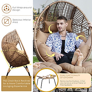 NICESOUL® 2 Person Indoor Outdoor Stationary Wicker Egg Chair Oversized Thicken Cushions Double Egg Seat 440lbs Egg Basket Lounge Chair with Ottomans, Boho Rattan Chair for Patio Brown