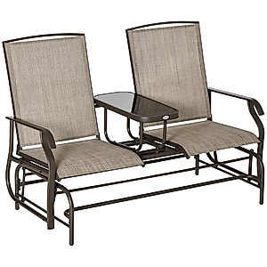 Outsunny Outdoor Glider Bench with Center Table, Metal Frame Patio Loveseat with Breathable Mesh Fabric and Armrests for Backyard Garden Porch, Brown