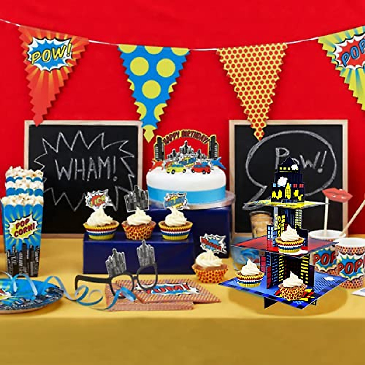 Superhero Party Supplies Cake Stand Superhero Party Favors Cupcake Stand for Kid's Birthday Party Decorations+ Masks
