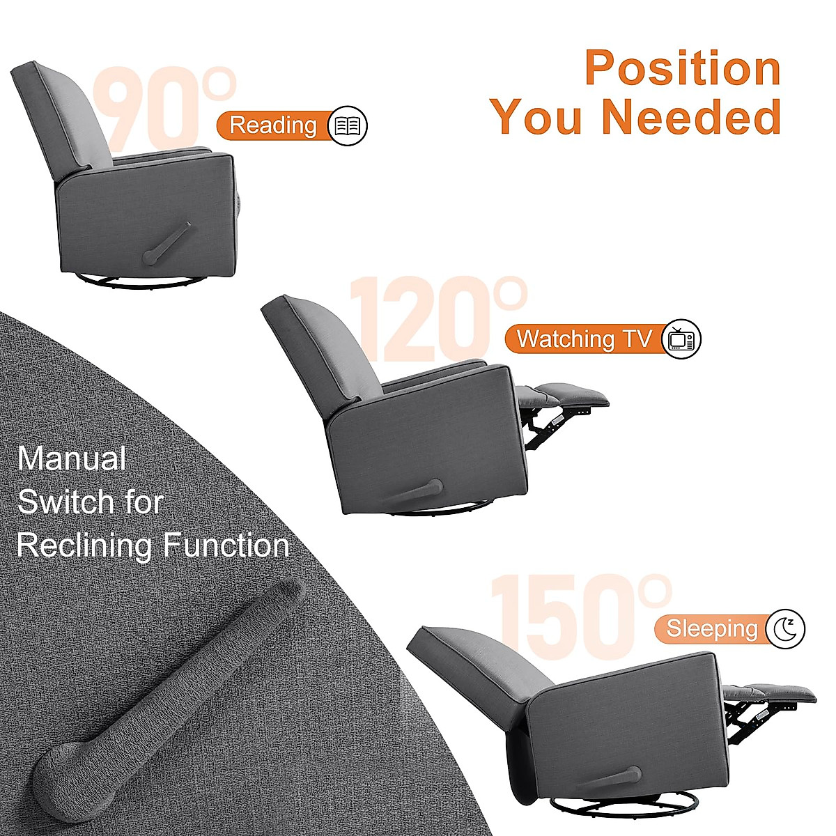 EASELAND 360 Swivel Recliner Chair, Comfy Upholstered Nursery Glider Rocking Recliner Chair, Single Gider Rocker Sofa Chair with Lumbar Support for Living Room, Bedroom (Dark Grey)