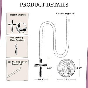 Jewelili Sterling Silver Cross Pendant Necklace with Treated Black and Natural White Round Diamonds, 1/3 cttw, 18" Rolo Chain