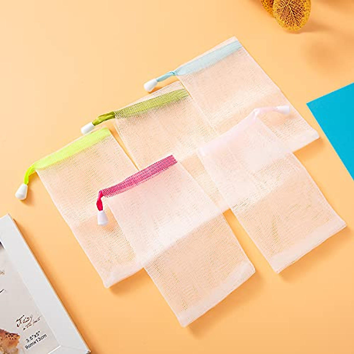 FULINJOY 10 PCS Exfoliating Mesh Soap Saver Pouch Bag Sack, Face Cleansing Foaming Nets, White Pouch with Drawstring (Color Random)