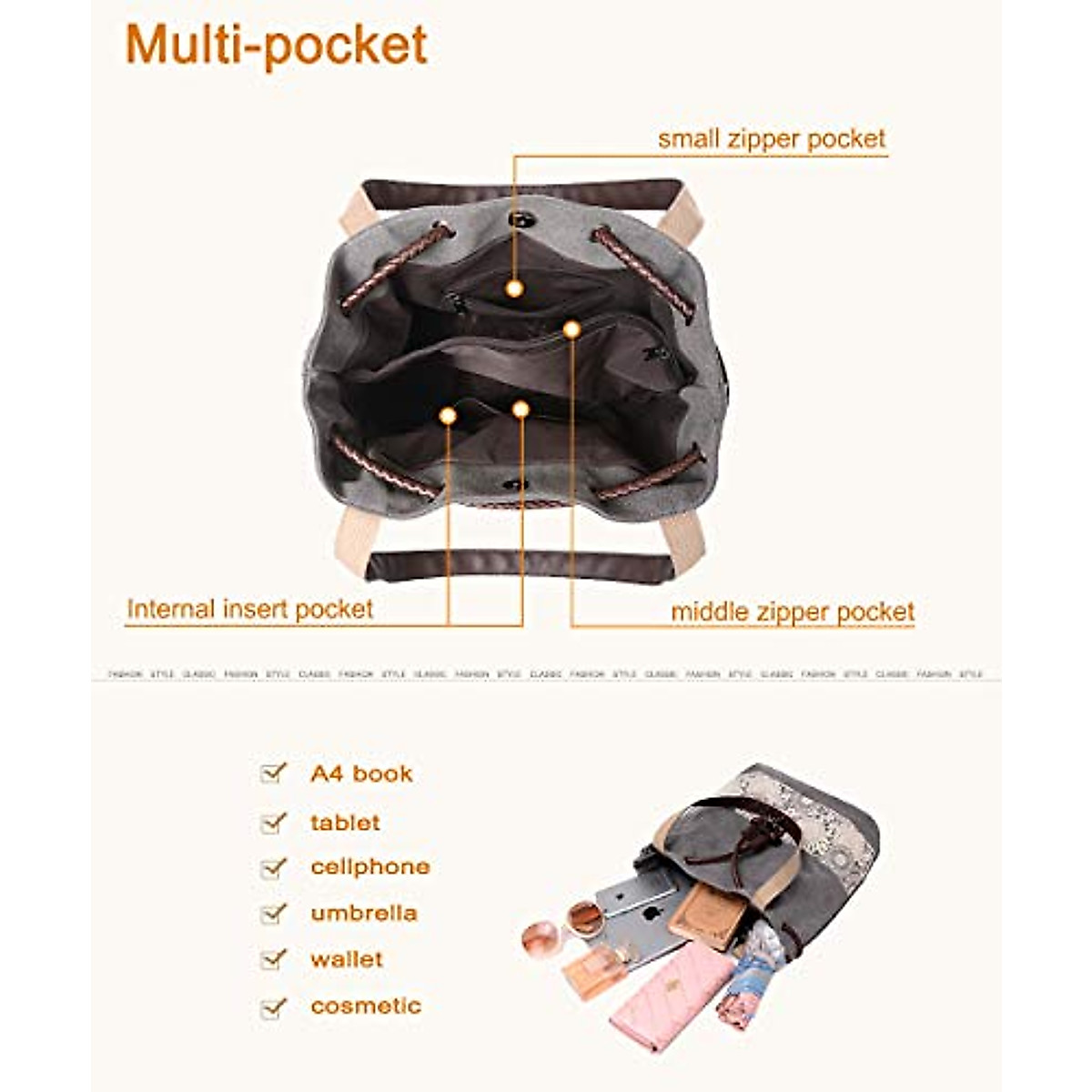 Women Printing Canvas Shoulder Bag Casual Hand Bags Purse Retro Tote Bags (Gray)