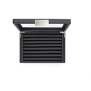 Glenor Co Cufflink Box for Men - Holds 70 Cufflinks - Luxury Display Jewelry Case -Carbon Fiber Design - Metal Buckle Holder, Large Glass Top - Black