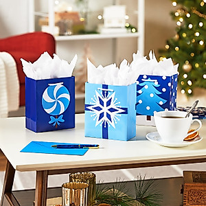 Hallmark 6" Small Holiday Gift Bags (Pack of 5) Blue Winter Scenes, Stripes, Snow