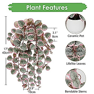 Briful Fake Plants 16'' Artificial String of Hearts Plants with Ceramic Pot Faux Pink White Ceropegia Woodii Succulent Plant for Home Bedroom Table Shelf Office Hotel Decor
