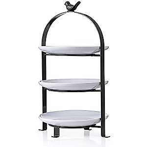 SparkWorks 3 Tiered Cake Stand, Tea Party Serving Platter, Dessert and Cupcake Stand, Metal Tiered Serving Stand Includes Three Premium White Stoneware Plates