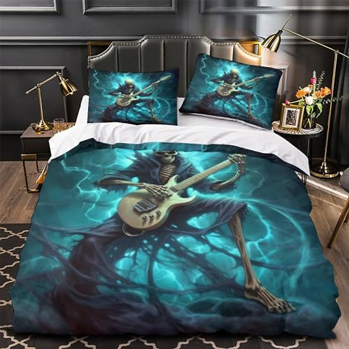 LENTLY Skull Guitar Bedding Set for Childrens and Adults Duvet Cover Set with Pillowcase 3D Print Hip Hop Rock Style Comforter Cover 3 Pieces Soft Microfiber Quilt Cover Twin（173x218cm）