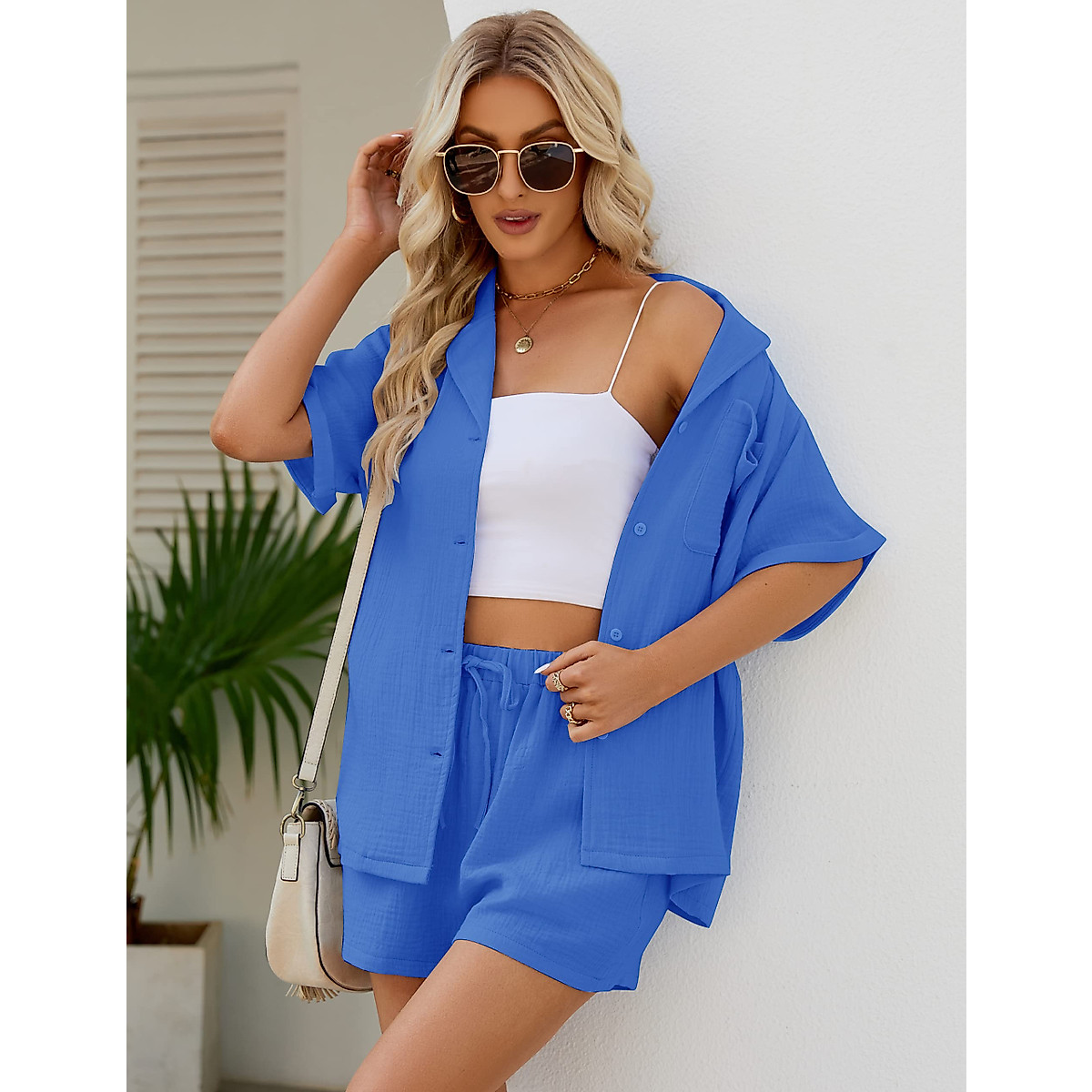 Flygo Women's Two Piece Shirts Sets Short Sleeve Summer Casual Linen Shirt Elastic Waist Short Sets Outfits(RoyalBlue-XL)