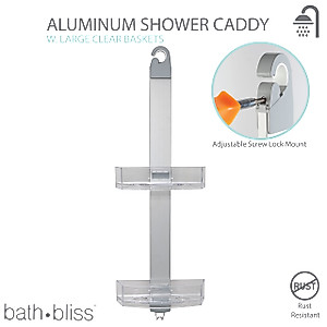 Bath Bliss Adjustable Aluminum 2 Tier Hanging Shower Caddy | Large | Bathroom Storage | Good for Shampoo, Soaps, Razors, Wash Cloths | Rust Proof | Silver
