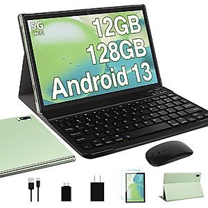 Oangcc Android 13 Tablet 10 Inch 2024 Latest with 12GB(6+6 Expand)+128GB Keyboard Mouse WiFi Bluetooth GPS 512GB Expand Support, Dual Camera Computer Tablets with Case - Green