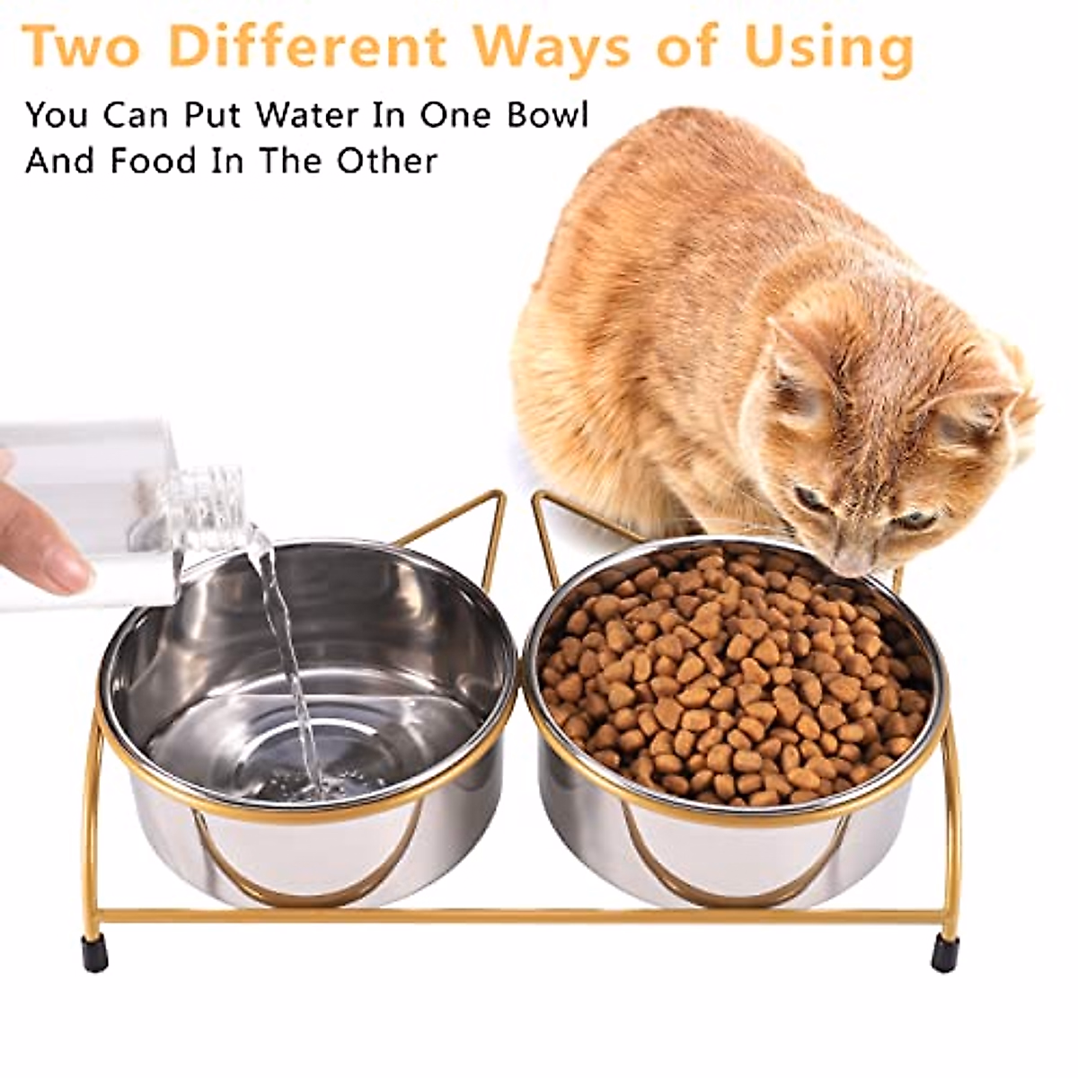 Trosetry Raised Cat Bowls, Double Stainless Steel Cat Food Bowls Non-Slip Elevated Pet Feeder with 15°Tilted Neck Protective Bowl for Puppy Cats and Small Dogs Food and Water Feeding
