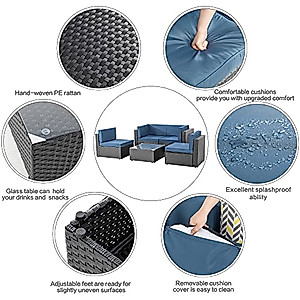 Shintenchi 5 Pieces Outdoor Patio Sectional Sofa Couch, Black PE Wicker Furniture Sets, Patio Conversation Sets with Washable Cushions Glass Table for Garden, Poolside, Backyard,Aegean Blue