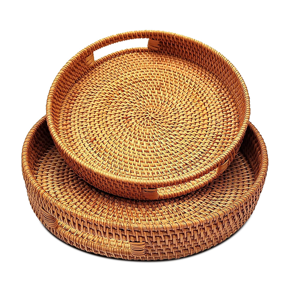 ANKUR Round Rattan Serving Tray with Handles- Decorative Woven Ottoman Trays with Handle,Coffee Table Basket,Natural Basket Wave Tray, Bathroom Decor (L- 13.7 Inch & M- 11.8 Inch)
