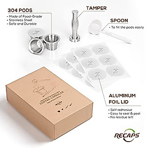 RECAPS Reusable Coffee Filter Capsules Compatible with Nespresso Original 3PCS Refillable Coffee Pods Permanent Coffee Filter Stainless Steel 120PCS Aluminum Foil Lids Coffee Tamper
