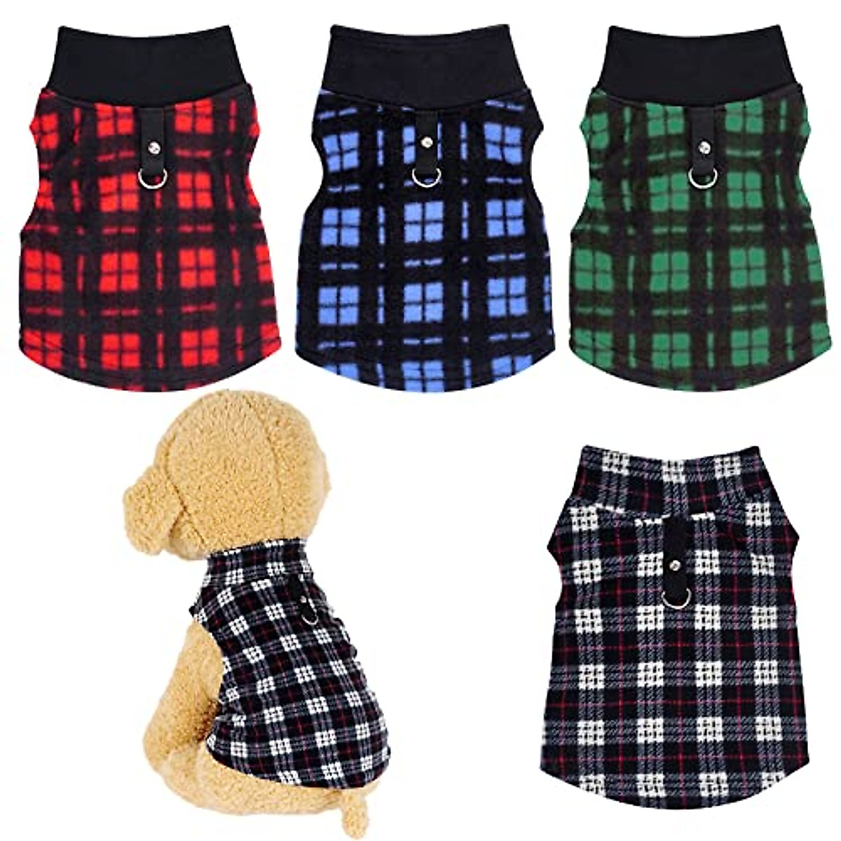 Rbenxia 4 Pieces Buffalo Plaid Dog Sweaters with Leash Ring Soft Fleece Vest Dog Pullover Warm Jacket Pet Dog Clothes Winter Dog Outfits for Small Puppy Cat Pets (Medium)