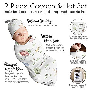 Sweet Jojo Designs Farm Animals Boy Girl Cocoon and Beanie Hat Set Jersey Stretch Knit Sleeping Bag for Infant Newborn Nursery Sleep Wrap Sack - Watercolor Farmhouse Horse Cow Sheep Pig Gender Neutral