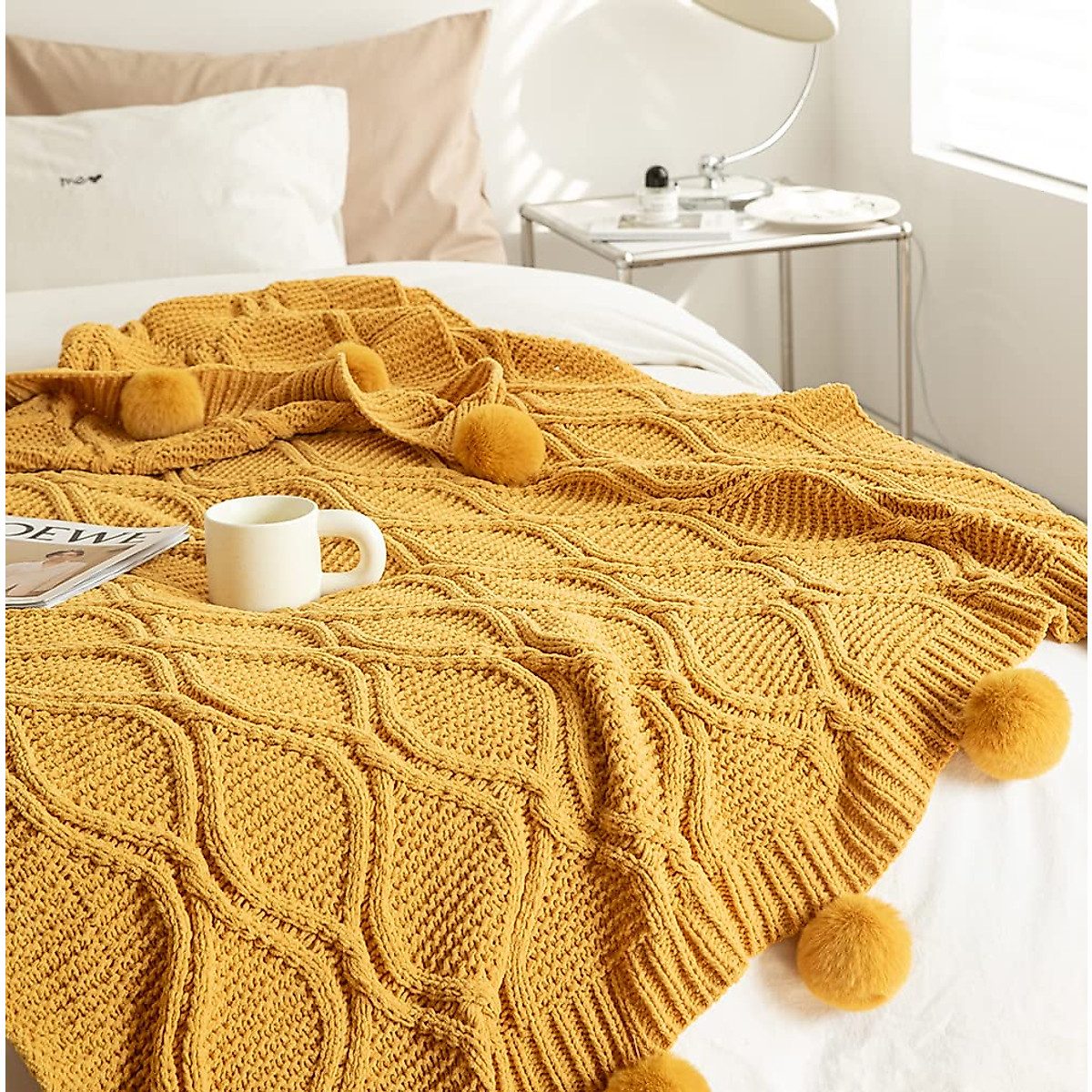 DONEUS Pom Pom Knit Blanket, Yellow Microfiber Soft Warm Handmade Knit Throw Blanket for Couch, Sofa, Chair, Office Super Soft Cable Knit Blankets -51x63 Inch