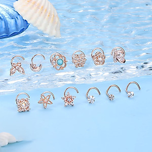 Ubjuliwa 12Pcs 20G Stainless Steel Nose Rings Stud for Women Screw L Shaped Nose Studs Cubic Zirconia Moon Star Snowflake Flower Butterfly Nose Piercing Stud