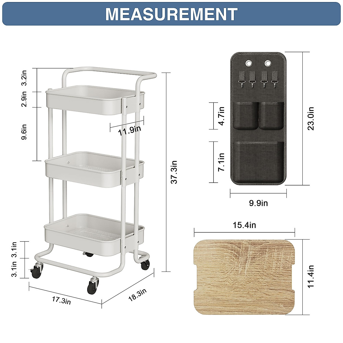 DTK 3 Tier Metal Utility Rolling Cart with Table Top and Side Bags, Metal Tray Storage Organizer Cart with Wheels, Art Craft Cart with 4 Hooks for Kitchen Bathroom Office Living Room (White)