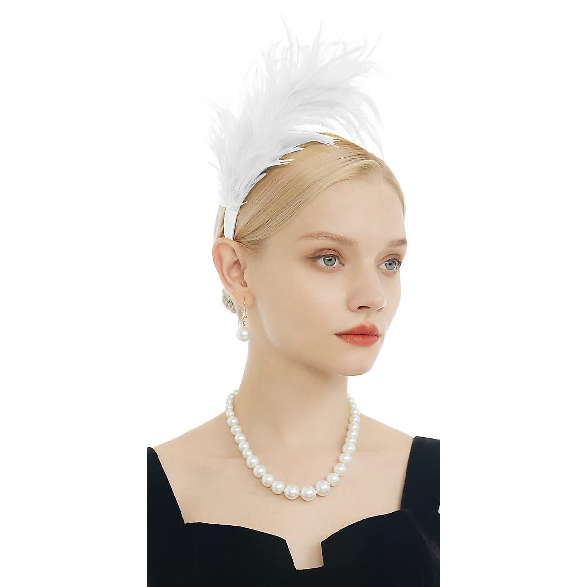 FELIZHOUSE 1920s Fascinator with Feathers Headband for Women Wedding Tea Party Headwear (White)