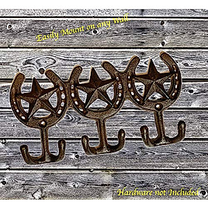 Urbalabs Western Cast Iron Rustic Country Wall Hooks Coat or Key Holder Wall Hook Mounted Decorative for Hats, Coats, Keys, Towels, Mudroom, Entryway, Mancave, Garage Bronze Finish (3 Horse Shoe Star)