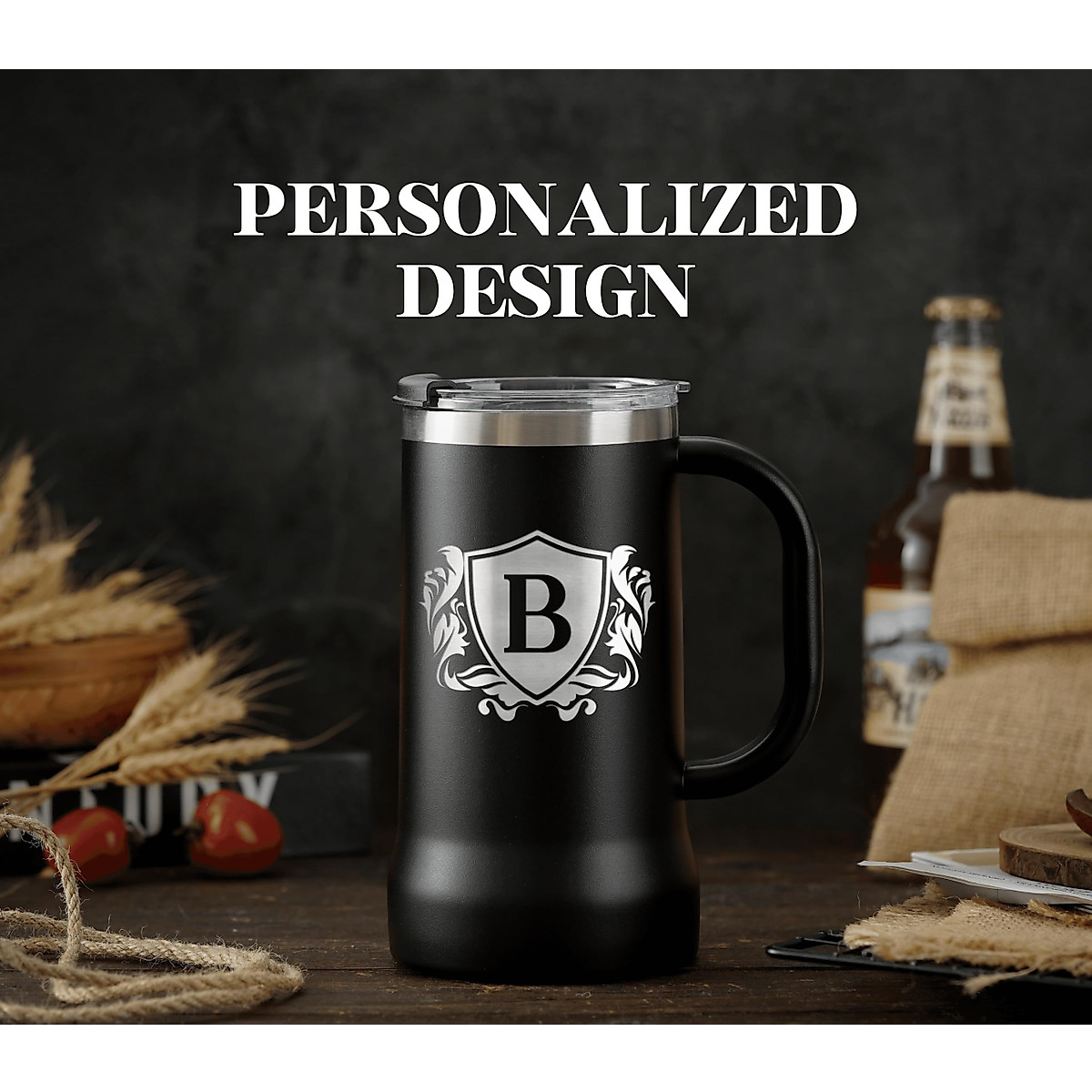 Onebttl Personalized Beer Stein, Beer Mug with Handle - Gifts for Beer Lovers, Men Who Have Everything on Birthday, Christmas - Customized Monogram 24 oz Double Wall Stainless Steel Cup, D