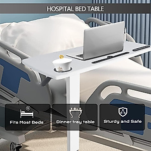 Over bed Table Pneumatic Adjustable Height Stand Desk with hidden Wheels USB Ports Pad slot Mobile Laptop Standing Desk Cart, Podium table (White, 32X16 inshes)