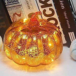 CFDECOR Mercury Glass Pumpkin Light with Timer, with 10 Fairy Lights Inside, Battery Operated Led Pumpkin Light, Ideal for Halloween Fall Decoration, Thanksgiving Rustic Decor, Xmas Decor(Gold2)