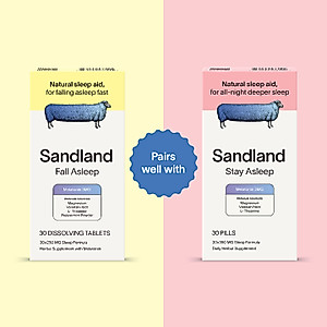 Sandland Fall Asleep Plus Melatonin, Natural Daily Sleep Supplement, 30 Dissolving Tablets, 3mg Melatonin, Magnesium, Valerian Root, L-Theanine, Peppermint Leaf, Made in The USA