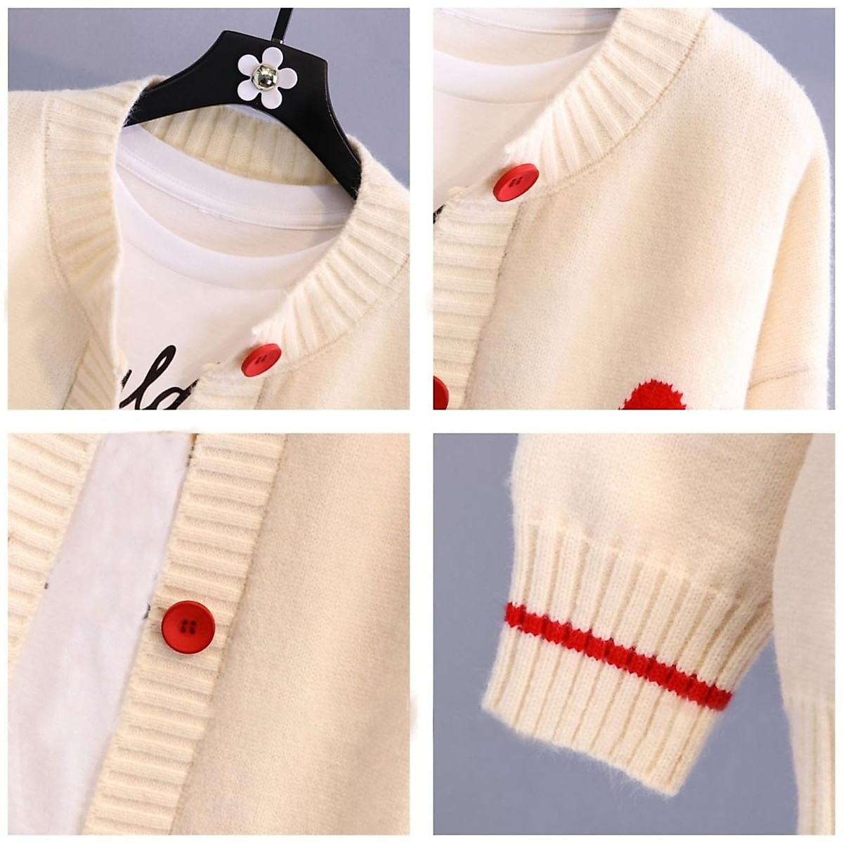 FindThy Women's Cute Cardigan Sweater Kawaii Love Heart Print Y2K Button Knitted Outerwear(0335-Beige-OneSize-LB)