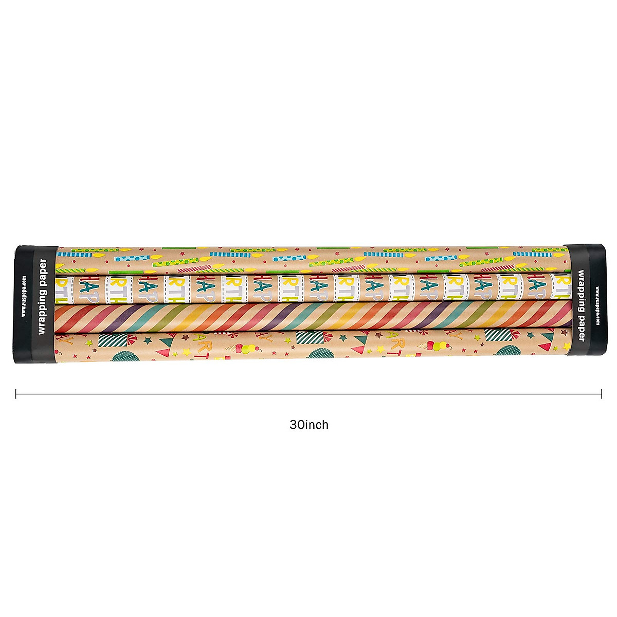RUSPEPA Wrapping Paper Kraft Paper - Colorful Birthday Wrap Design - 4 Rolls - 30 inches x 10 feet per Roll