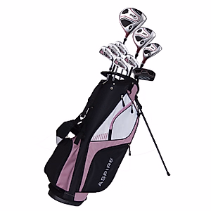 Aspire XD1 Ladies Womens Complete Golf Clubs Set Includes Titanium Driver, S.S. Fairway, Hybrid, 6-PW Irons, Putter, Bag, 3 H/C's Pink Petite Size