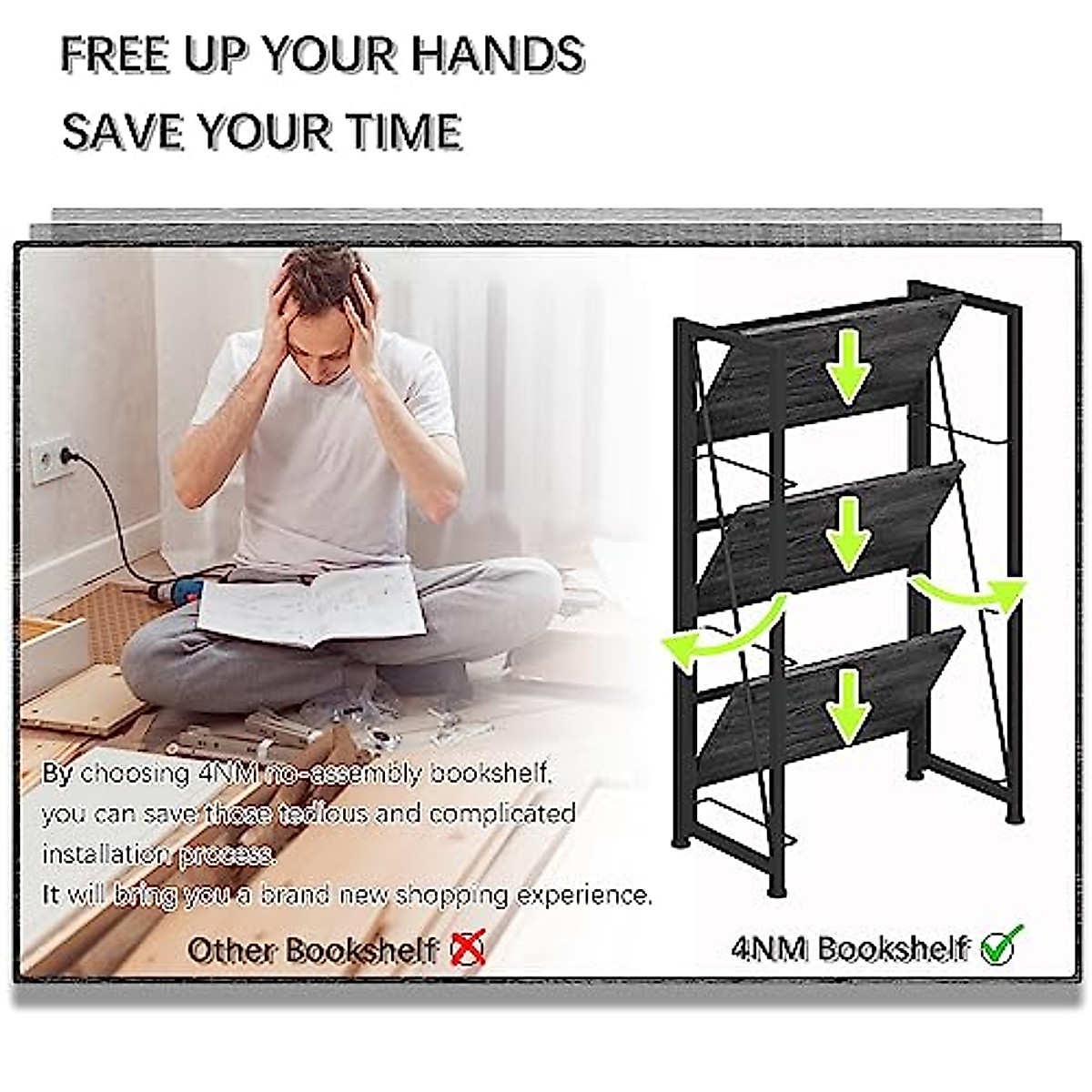 4NM No-Assembly Folding Bookshelf Storage Shelves 3 Tiers Vintage Bookcase Standing Racks Study Organizer Home Office (Gray and Black)