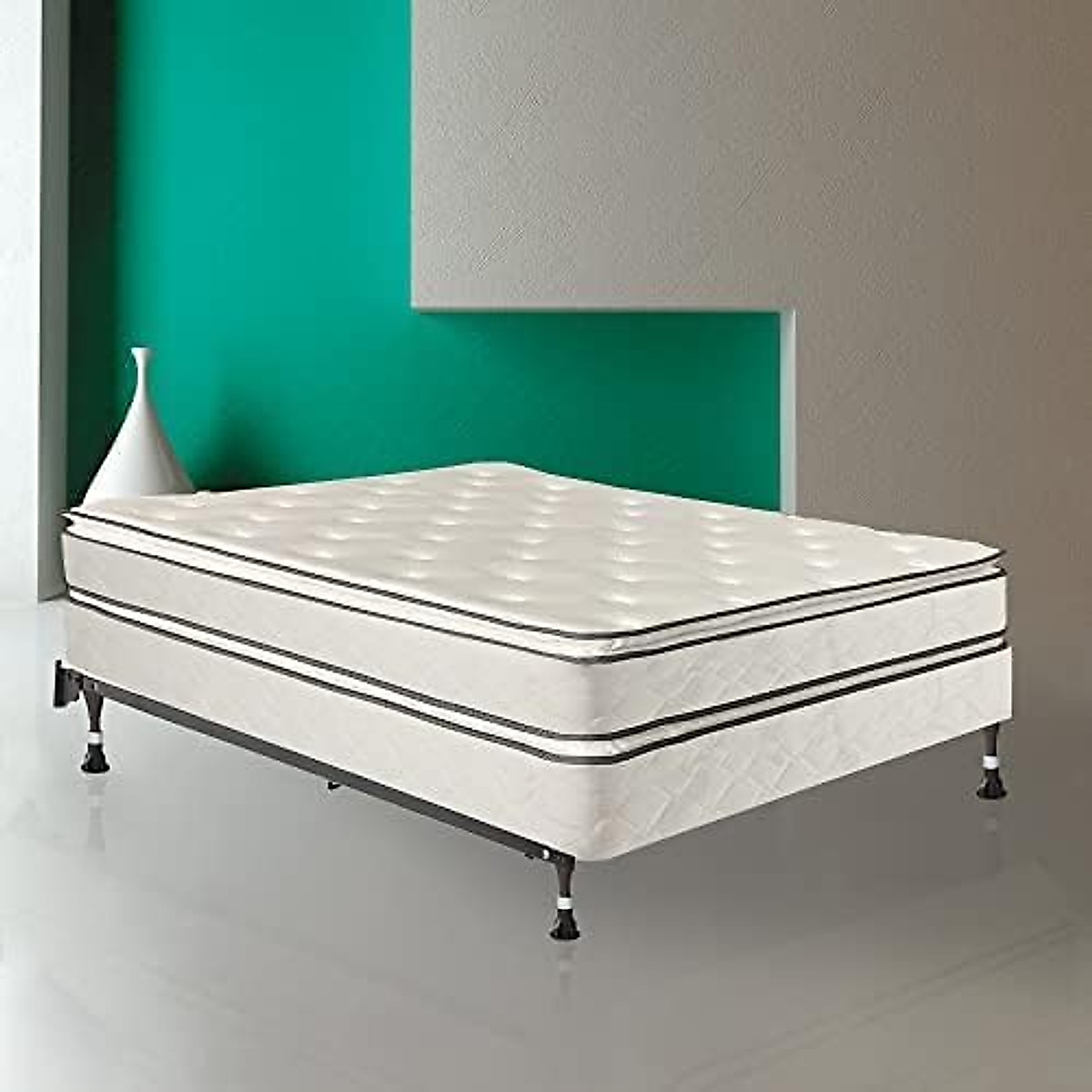 Highview Bedding 1-inch Pillow Top Hybrid Mattress, Box Spring, and Bed Frame Set, Medium Firm Double Sided Mattresses, Durable Support System, Heavy-Duty Double Riveted Steel Leg Support, Twin