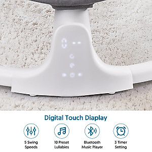 Bluetooth Baby Swing for Infants, Compact & Portable Baby Rocker, 3 Seat Positions, 5 Swing Speed, 10 Lullabies, Remote Control, USB Plug-in Power, Reversible Cushion for All Seasons