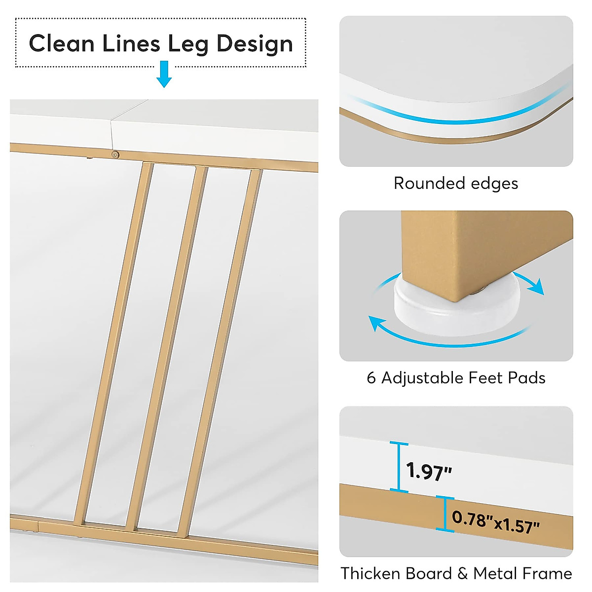 Tribesigns 63" Executive Desk, Large Home Office Desk with Metal Frame, Modern Wood Study Writing Computer Desk Conference Table for Home Office, White & Gold