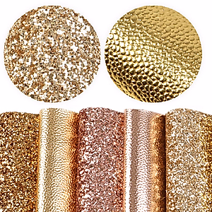 David accessories Chunky Glitter Faux Leather Sheets Metallic Grain Texture Pattern Fabric Crafts 5Pcs 7.7" x 12.9" (20 cm x 33 cm) for DIY Bows Clips Making Materials (Gold Series)
