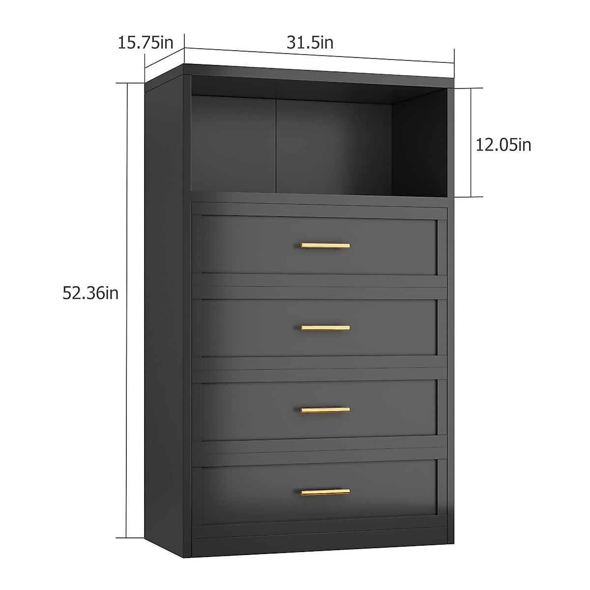 RISTERN 4-Drawer with Hollow Metal Dresser for Bedroom, Closet Dressers Chest with Fluted Panel, Tall Wide Dresser, Large Storage Space for Bedroom, Living Room, Black, 15.75" D x 31.5" W x 52.44" H