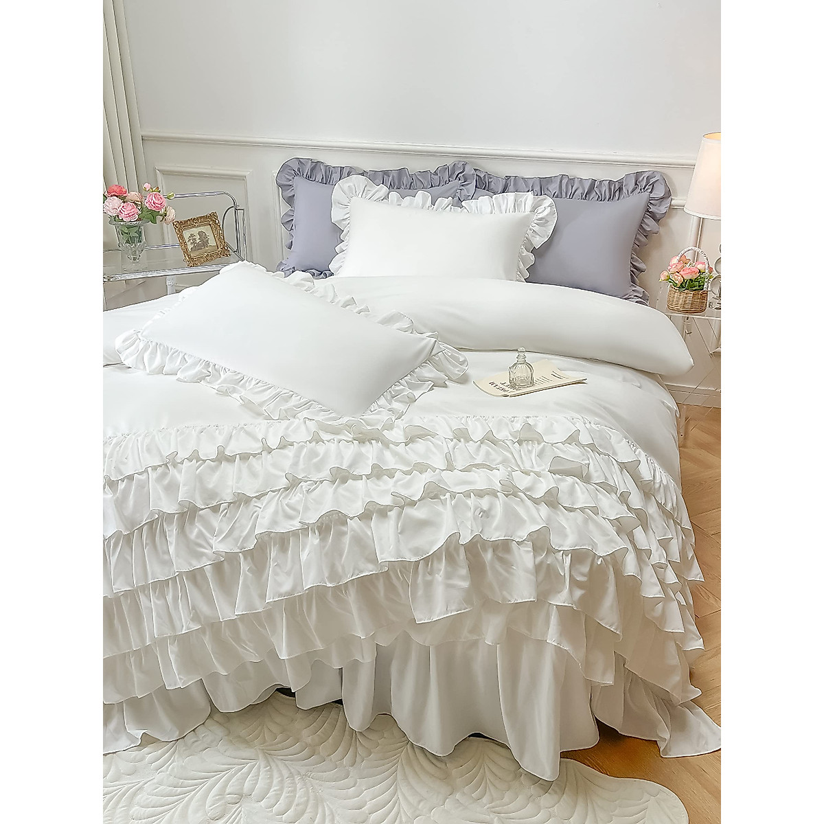 MOOWOO Waterfall Ruffle Duvet Cover Queen,3 Piece White Shabby Chic Bedding Solid Color Soft and Breathable with Zipper Closure & Corner Ties