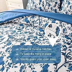 LLDSYW King Size Comforter Set - 7 Pieces Bed in a Bag Soft Microfiber Bedding Comforter Set Leaves Floral Pattern on White Comforter Sets with Sheets for All Seasons (King, Blue)