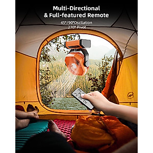 MORIKO 20000mAh Camping Fan with LED Light, Rechargeable Battery Operated Fan with Remote & Hook, 270° Pivot, 4 Powerful Speeds, Quiet Portable Outdoor Fan for Tent Picnic, Beach, BBQ, Jobsite