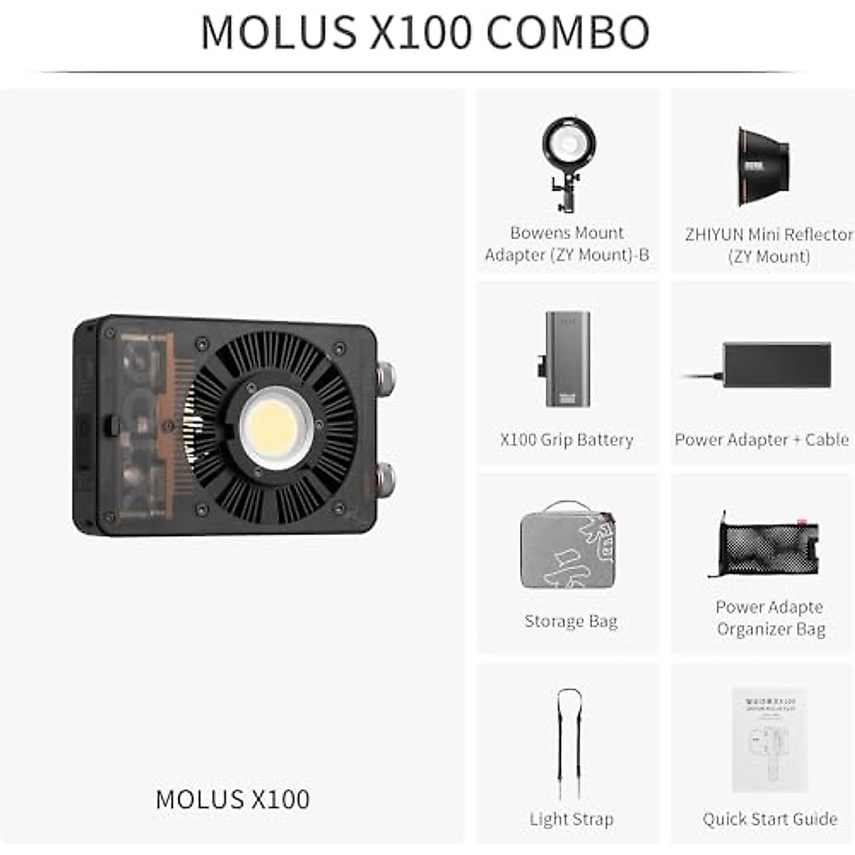 Zhiyun Molus X100 Combo 100W Bi-Color LED Video Light, 385g LED Pocket Light, 2700K-6500K CRI 95+ TLCI 97+w/Bowens Mount Adapter Ring, Detachable Grip Battery,Bluetooth App Control, Studio Spotlight