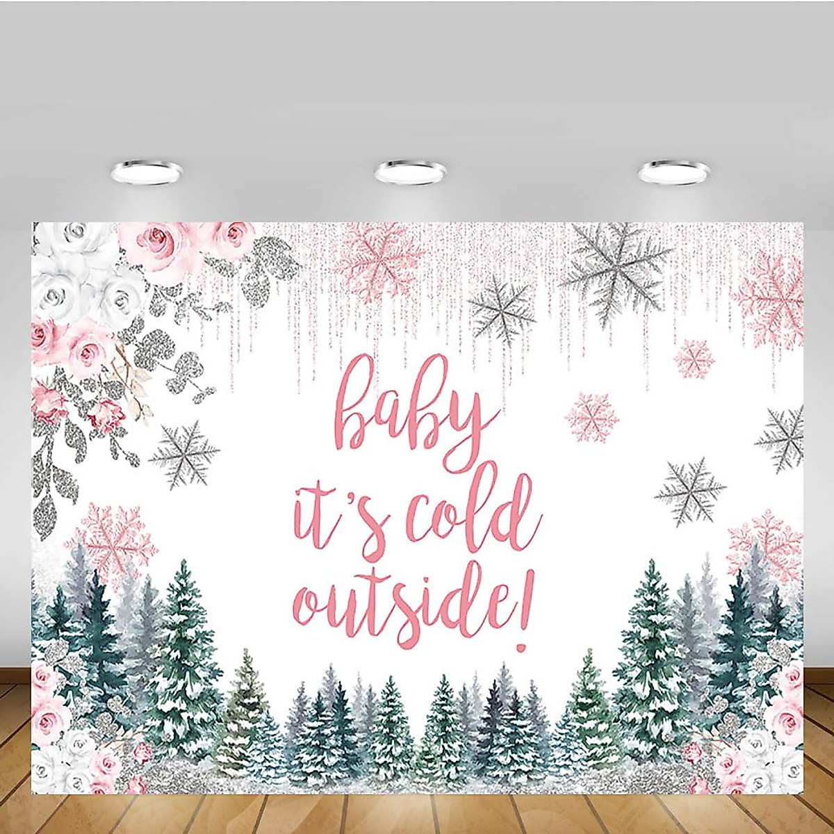 MEHOFOND 7x5ft Winter Baby Shower Backdrop for Girls Baby It's Cold Outside Pink Floral Photography Background Little Snowflake Pine Tree Oh Baby Party Banner Decorations Photo Booth Props