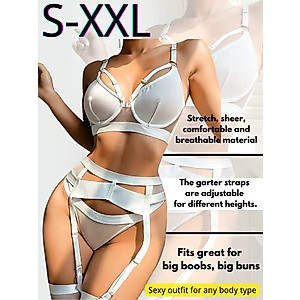 Kaei&Shi Garter Belt Thong Lingerie for Women,Strappy Hollow Out Sexy Lingerie,Underwire Mesh Sheer Matching 4 Piece Lingerie Set Bride Wedding Bridal Honeymoon White 2X-Large