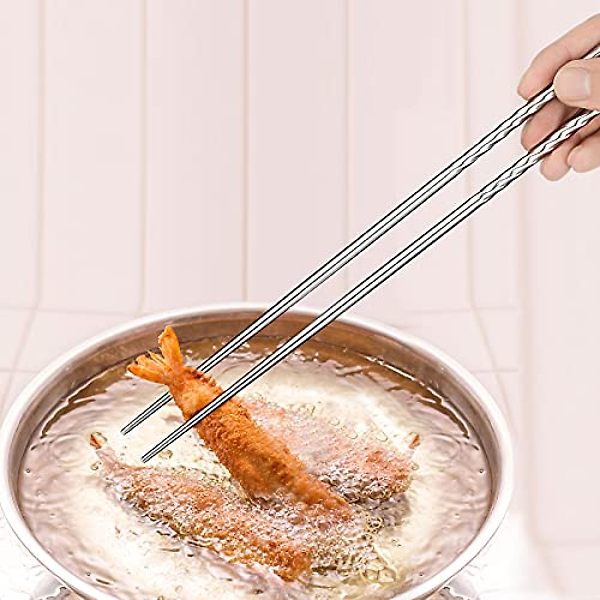 4 Pairs Long Cooking Chopsticks 15.3 Inch Extra Long Stainless Steel Chopsticks with Non Slip Threaded and 16.5 Inch Wooden Noodles Kitchen Cooking Frying Chopsticks (Silver, Wood Color)