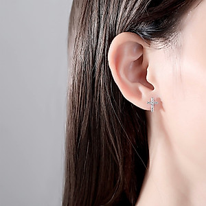 S925 Sterling Silver Dainty Small Tiny Cross with Pave Clear Cubic Zirconia Stud Earrings Fashion Jewelry for Women