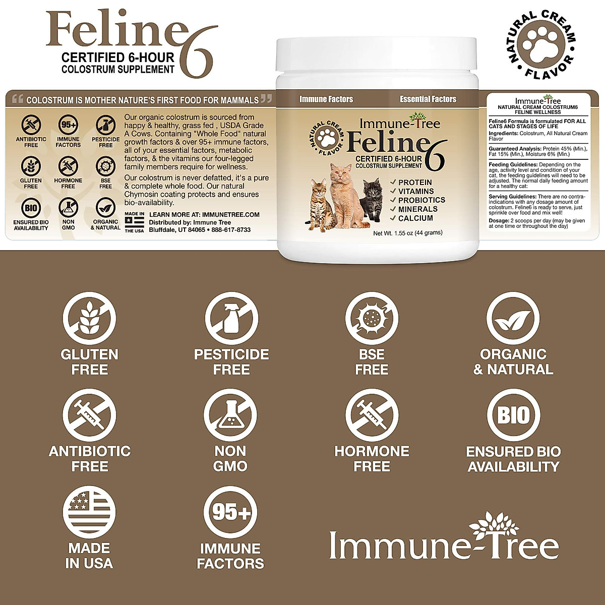 Immune-Tree Colostrum Probiotic Powder for Cats | Supplement for Cat Allergy, Immune Support, Skin and Coat & Itching Relief | Colostrum Powder for Cats Immunity System | Made in USA | 1.55oz